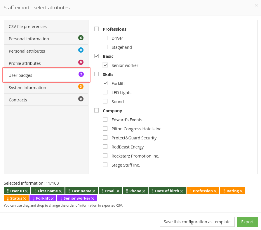 Exporting Staff Badges & Detailed Work Hours Display